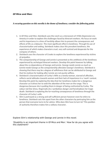 GCSE ENGLISH LITERATURE - a bank of essay questions on Of Mice and Men ...