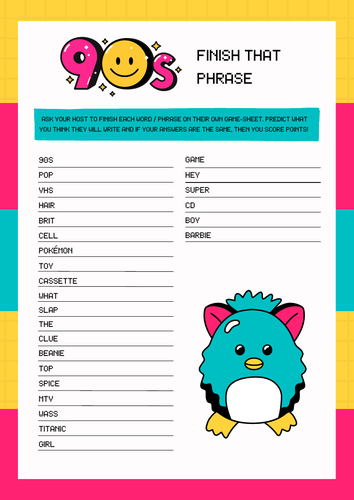 90s Finish That Phrase Game Sheet. Nineties Lesson Filler. | Teaching ...