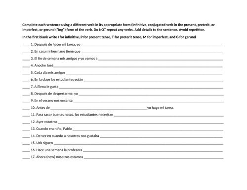 Spanish 3 exam review sentence completion practice | Teaching Resources