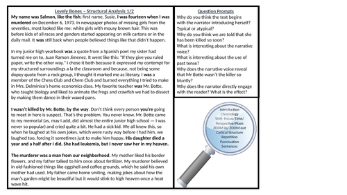 Analysing Structure- The Lovely Bones | Teaching Resources