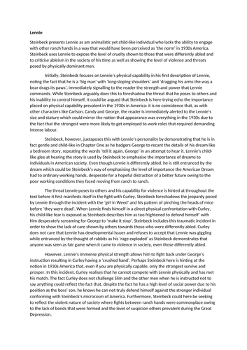 Of Mice and Men - Lennie Exemplar Essay | Teaching Resources