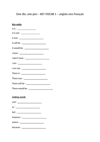 French grammar - KEY WORDS revision - one die, one pen | Teaching Resources