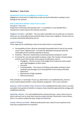 Tort Law - Duty of Care Notes | Teaching Resources