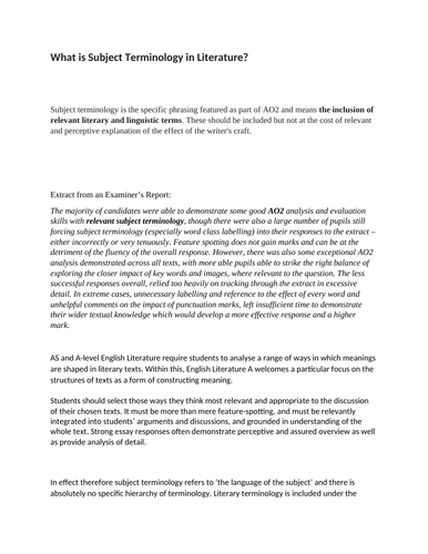 Lesson Plan A LEVEL ENGLISH LITERATURE - subject terminology with ...