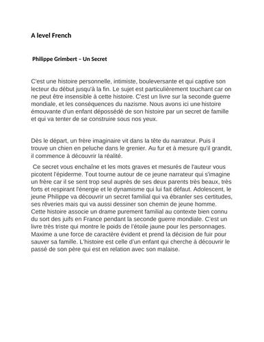 A LEVEL FRENCH REVISION NOTES "Un Secret" essay questions with some ...