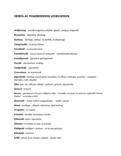 A2 CYMRAEG AIL IAITH - GEIRFA UCHELGEISIOL - safon uwch | Teaching ... A2 CYMRAEG AIL IAITH - GEIRFA UCHELGEISIOL - safon uwch | Teaching ...