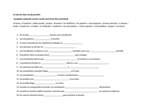 La sala de clase vocabulary practice | Teaching Resources