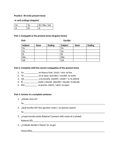 Practice -IR verbs present tense | Teaching Resources