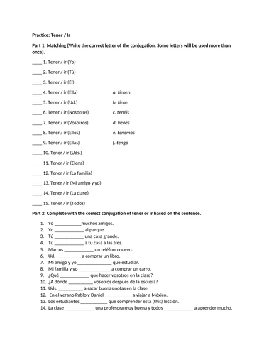 Tener and ir mini practice | Teaching Resources