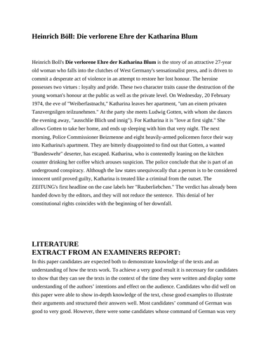 A LEVEL GERMAN BANK OF ESSAY QUESTIONS: DIE VERLORENE EHRE DER ...