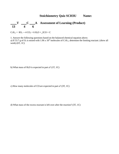 STOICHIOMETRY QUIZ Grade 11 Chemistry Theoretical Yield Quiz WITH ...
