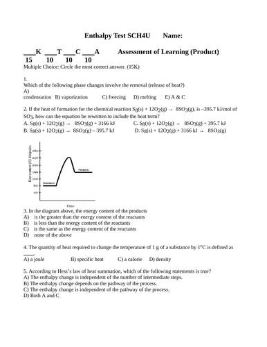 ENTHALPY TEST Exothermic Endothermic Reactions Chemistry TEST WITH ...