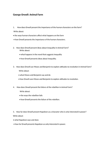 George Orwell Animal Farm - a bank of essay questions GCSE ENGLISH ...