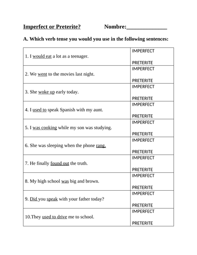 Imperfect or Preterite Spanish Worksheets: ¿Imperfecto o préterito ...