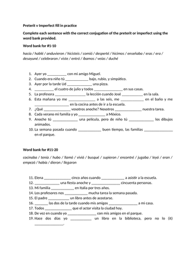 Preterit v imperfect fill in practice | Teaching Resources