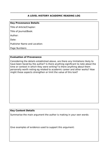 History A Level Academic Reading Log | Teaching Resources