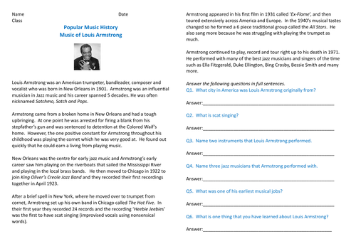 Popular music worksheet - comparing two pieces by Louis Armstrong ...