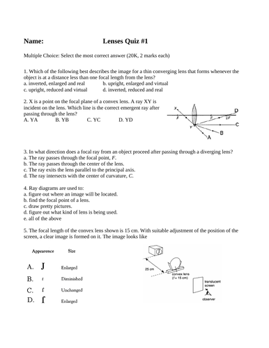 3 OPTICS QUIZZES LENSES Quiz WITH ANSWERS Physics Convex Lens ...