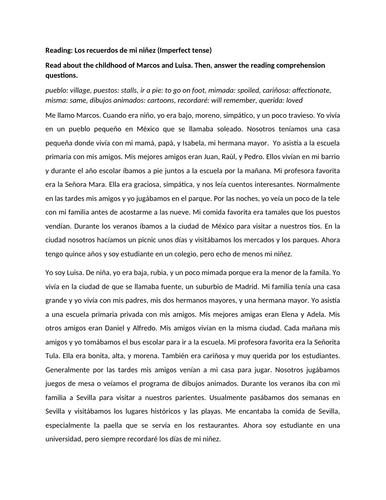 Reading: Los recuerdos de mi niñez (Imperfect tense) | Teaching Resources