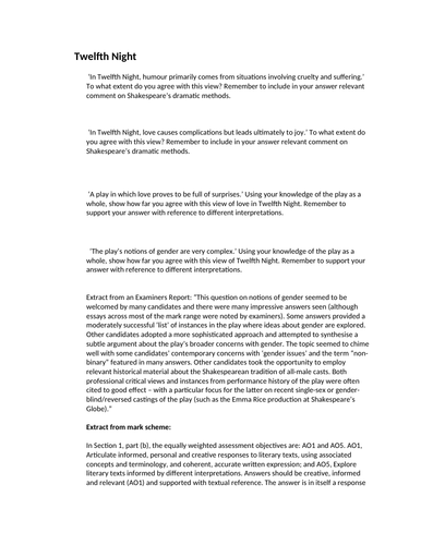 A LEVEL ENGLISH LITERATURE - a bank of essay questions on Twelfth Night ...
