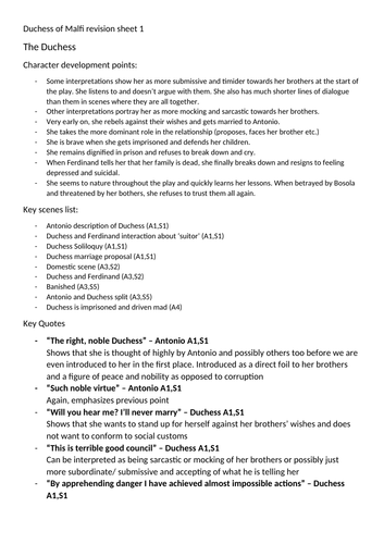 Duchess of Malfi whole text key notes | Teaching Resources