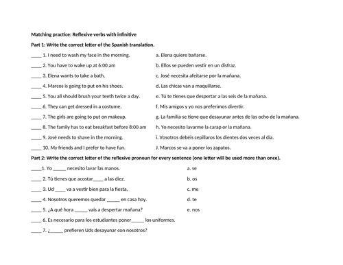 Matching practice: Reflexive verbs with infinitive | Teaching Resources