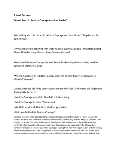 Bertolt Brecht: ,Mutter Courage und ihre Kinder‘: A LEVEL GERMAN ESSAY ...
