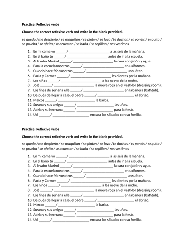 Reflexive verbs fill in practice worksheet | Teaching Resources