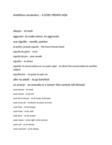 A LEVEL FRENCH -revision sheet; ambitious vocabulary; conjugation of ...