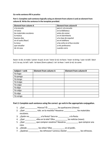 Go verbs fill in practice | Teaching Resources