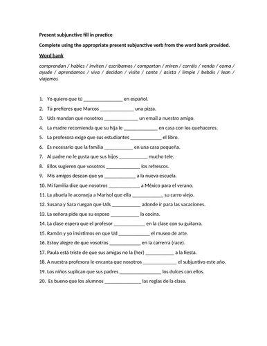 Present subjunctive fill in practice | Teaching Resources