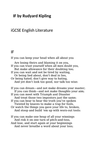 iGCSE ENGLISH LITERATURE "IF" by Rudyard Kipling | Teaching Resources