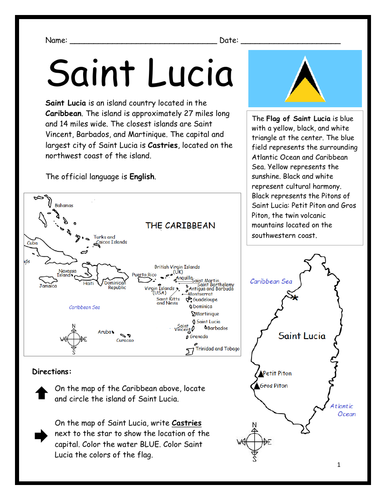 Saint Lucia Introductory Geography Printable Worksheet with map and ...