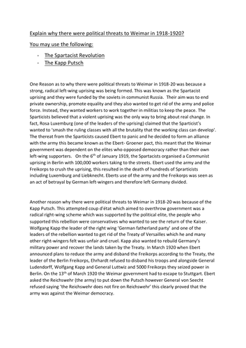 Explain why there were political threats to Weimar in 1918-1920 ...