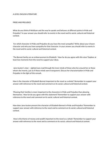 Exam Questions GCSE ENGLISH LITERATURE - PRIDE AND PREJUDICE | Teaching ...