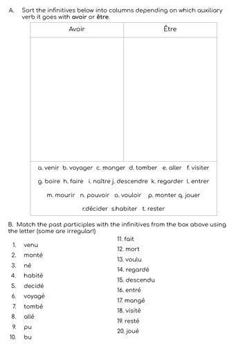Passé Composé Worksheet | Teaching Resources