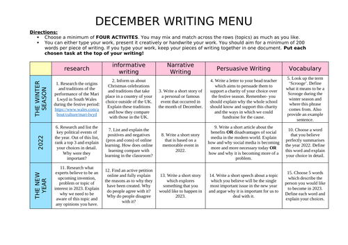 KS3 December Writing Menu- Homework | Teaching Resources