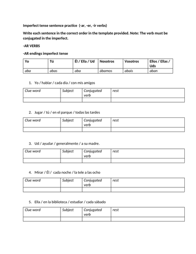 Imperfect tense sentence practice | Teaching Resources