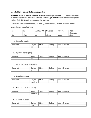 Imperfect tense open ended sentence practice | Teaching Resources