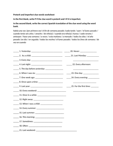 Preterit and imperfect clue words worksheet | Teaching Resources