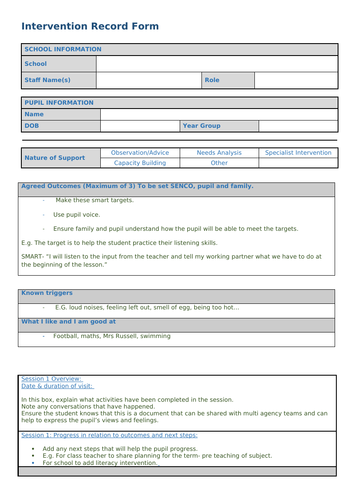 Intervention Record Form | Teaching Resources