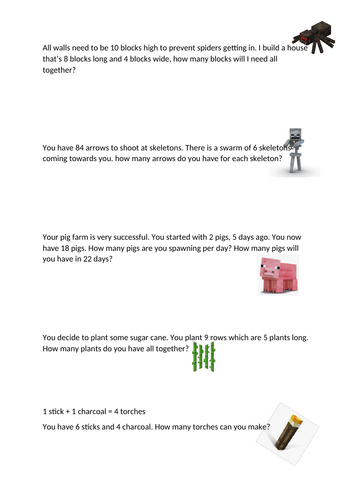 Minecraft Maths Word Problems | Teaching Resources