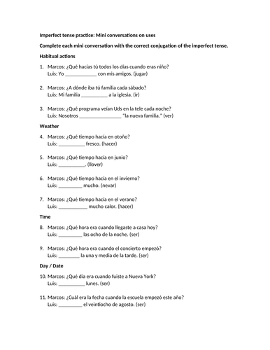 Imperfect tense practice: Mini conversations on uses | Teaching Resources