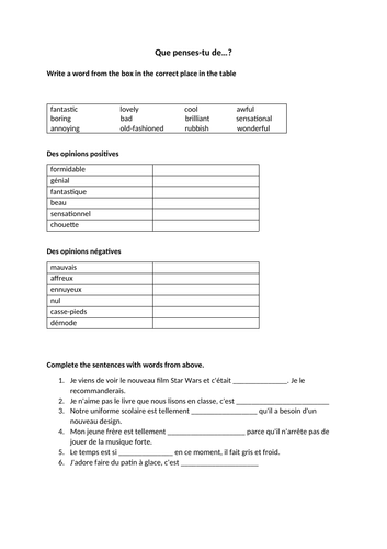 French - adjectives to give opinions | Teaching Resources