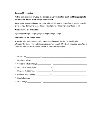 Go verbs completion practice | Teaching Resources