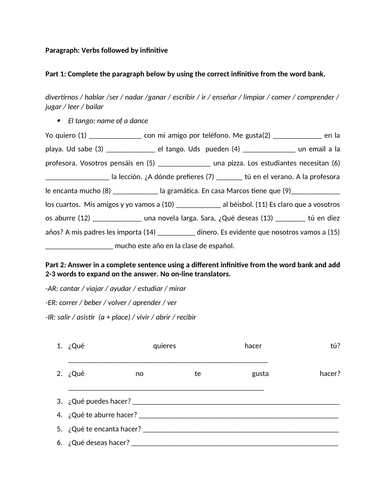 Paragraph: Verbs followed by infinitive | Teaching Resources