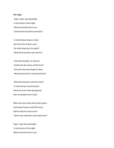 THE TYGER - WILLIAM BLAKE - iGCSE ENGLISH LITERATURE - lesson plan ...