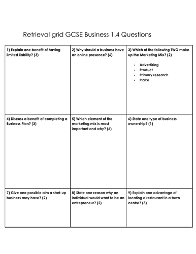Edexcel GCSE Retrieval Grid Exam Style Questions 1.4 | Teaching Resources