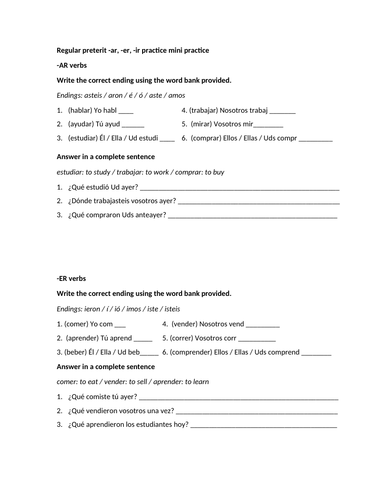 Regular preterit -ar, -er, -ir practice mini practice | Teaching Resources
