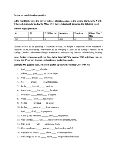 Gustar verbs mini review practice | Teaching Resources